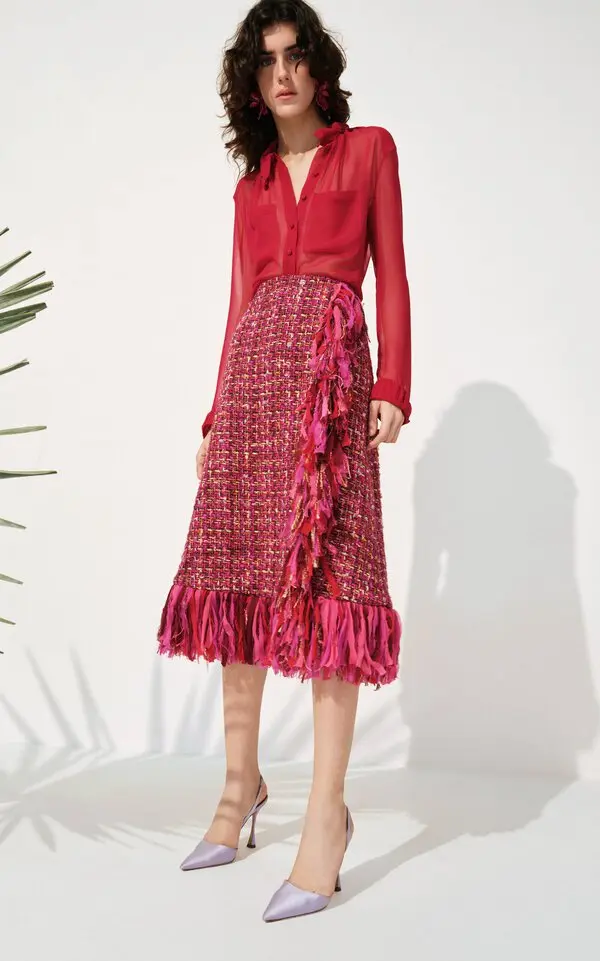 Carolina Herrera Fringed Multi Tweed A-line Skirt