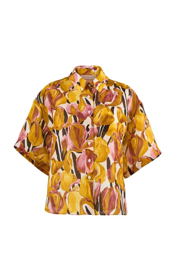 Carolina Herrera Collared Iris Print Silk Gazar Shirt