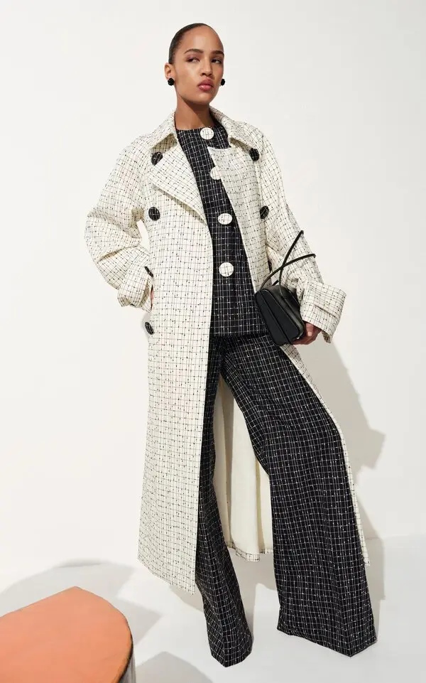 Carolina Herrera Belted Slub Yarn Check Tailoring Trench Coat