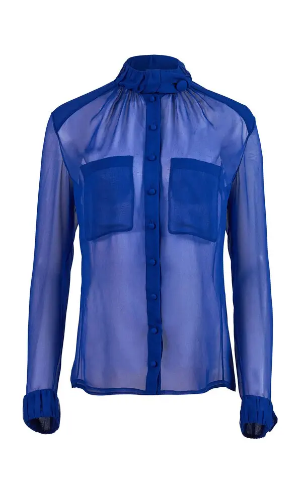 Carolina Herrera Mock Neck Silk Chiffon Top - Blue