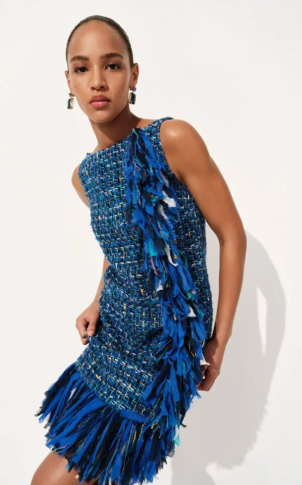 Carolina Herrera Fringed Multi Tweed Shift Dress