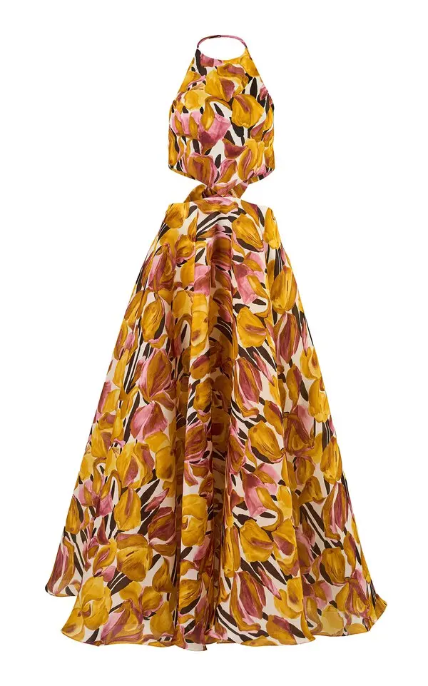 Carolina Herrera Cutout Iris Print Silk Gazar Tea-length Dress - Orange