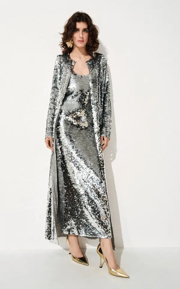 silver embellished midi dress Coast Party Sequin Silver Fringe Midi Dress