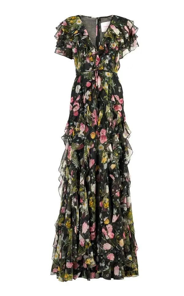 Carolina Herrera Ruffled Meadow Floral Crinkle Gown - Black