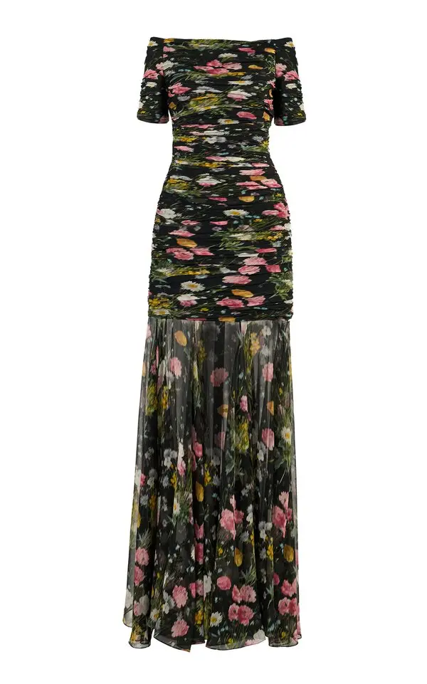 Carolina Herrera Gathered Meadow Floral Crinkle Gown - Black