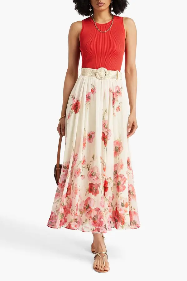 Zimmermann Belted Floral-print Cotton And Silk-blend Maxi Skirt