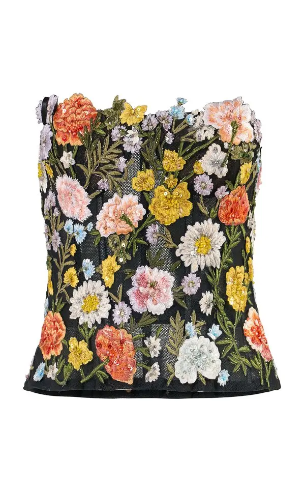 Carolina Herrera Embroidered Nylon Tulle Crop Top - Black