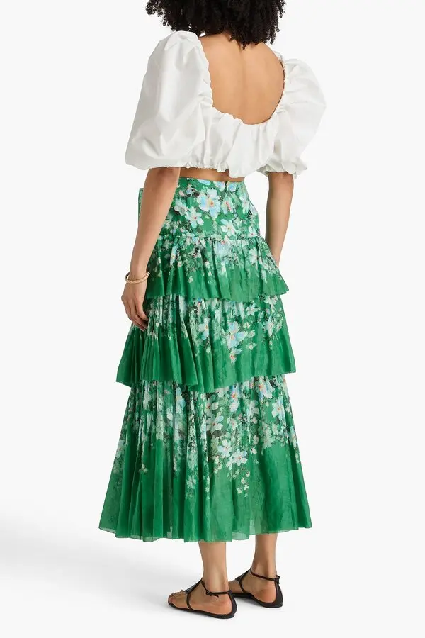 Zimmermann Tiered Floralprint Ramie Midi Skirt