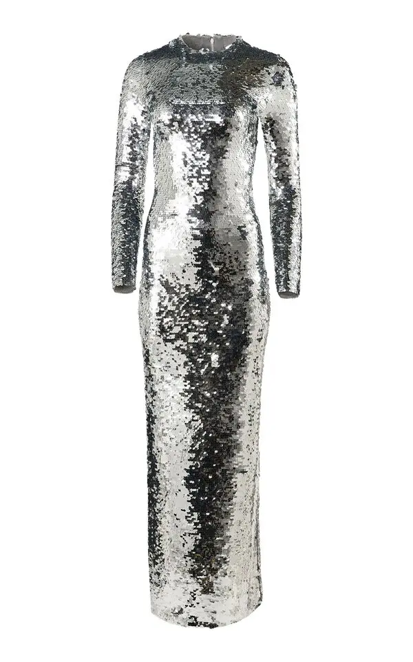 Carolina Herrera Embellished Signature Merino Sequin Gown - Silver