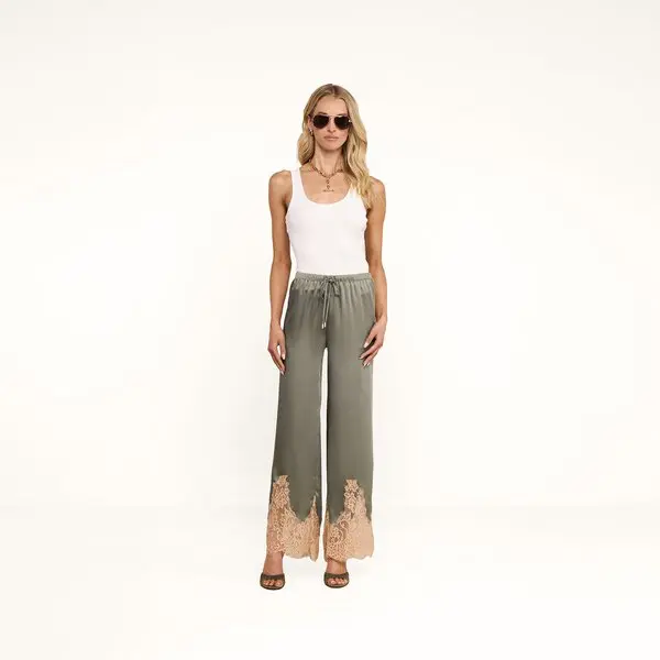 L'Agence Mirel Satin Wide Leg Pants With Lace Trim - Smokey Olive/praline