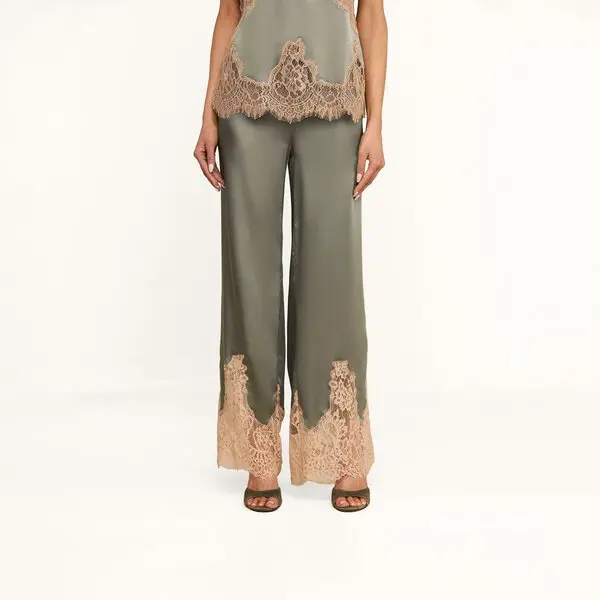 L'Agence Mirel Satin Wide Leg Pants With Lace Trim - Smokey Olive/praline