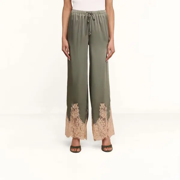 L'Agence Mirel Satin Wide Leg Pants With Lace Trim - Smokey Olive/praline