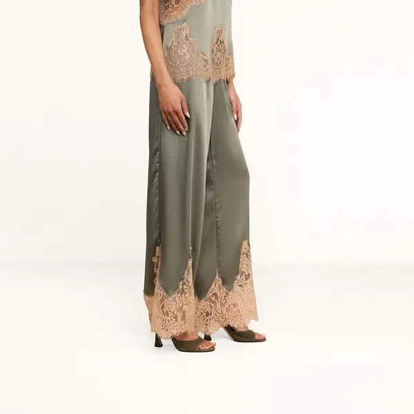 L'Agence Mirel Satin Wide Leg Pants With Lace Trim - Smokey Olive/praline