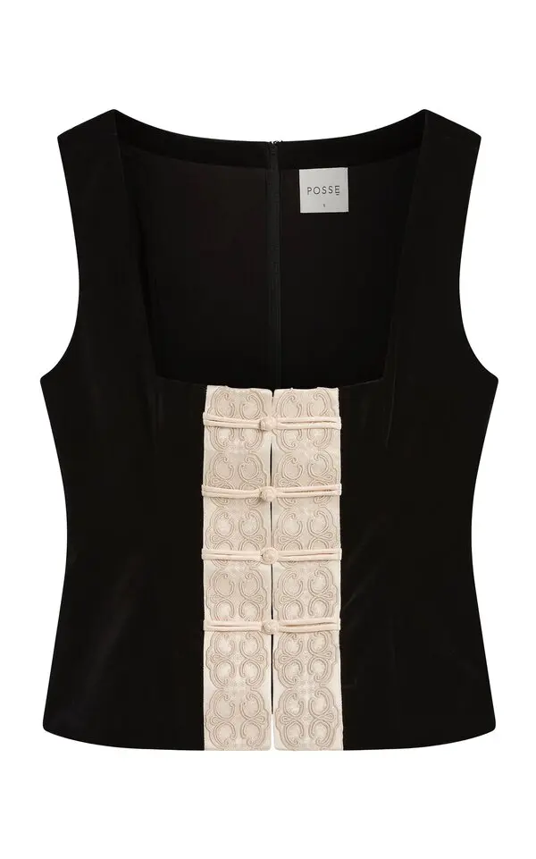 Posse Florian Embroidered Trim Velvet Top - Black