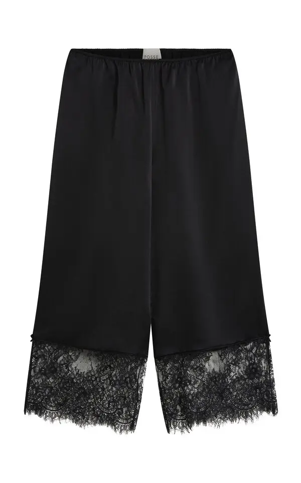 Posse Blake Mid-rise Wide-leg Silk Pants With Lace Trim - Black