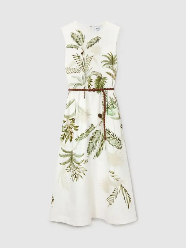 REISS Palma Linen Palm-print Midi Dress