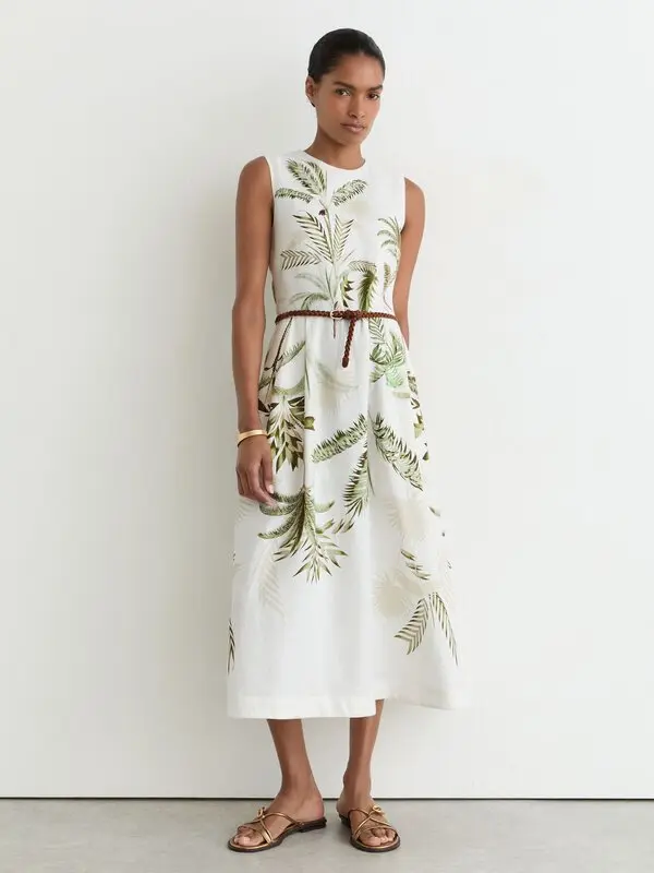 REISS Palma Linen Palm-print Midi Dress