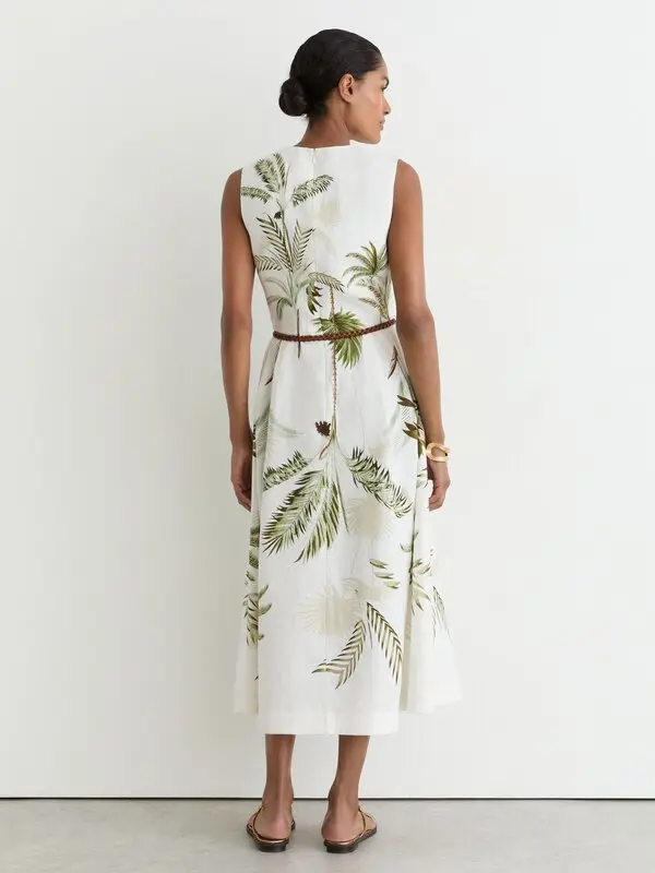 REISS Palma Linen Palm-print Midi Dress