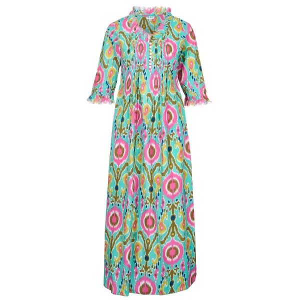AT LAST... Cotton Annabel Maxi Dress In Turquoise Multi Ikat - Blue