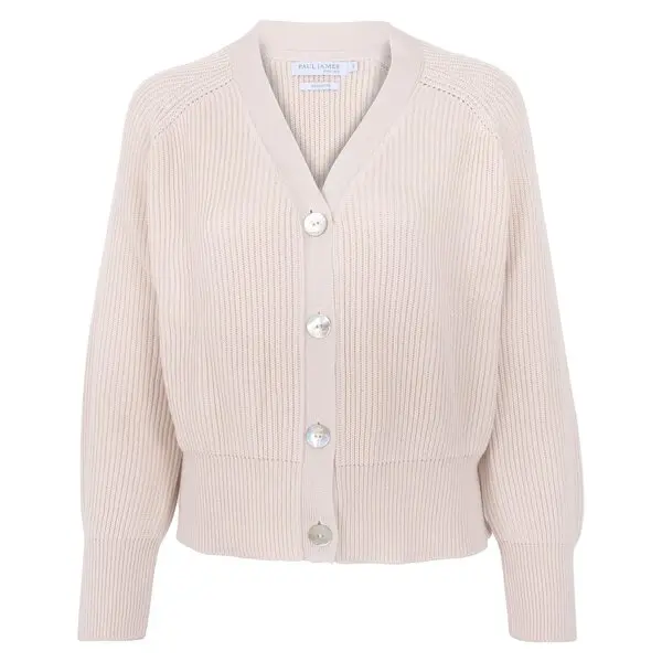 PAUL JAMES KNITWEAR Cotton Tilda Oversized V Neck Ribbed Cardigan - White