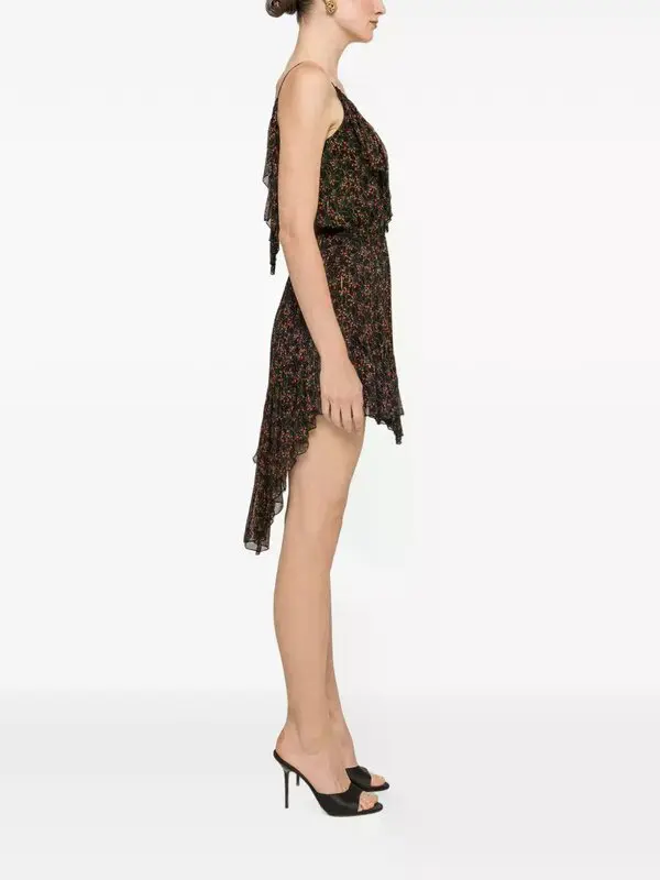 NISSA Printed Silk Asymmetric Mini Dress - Black