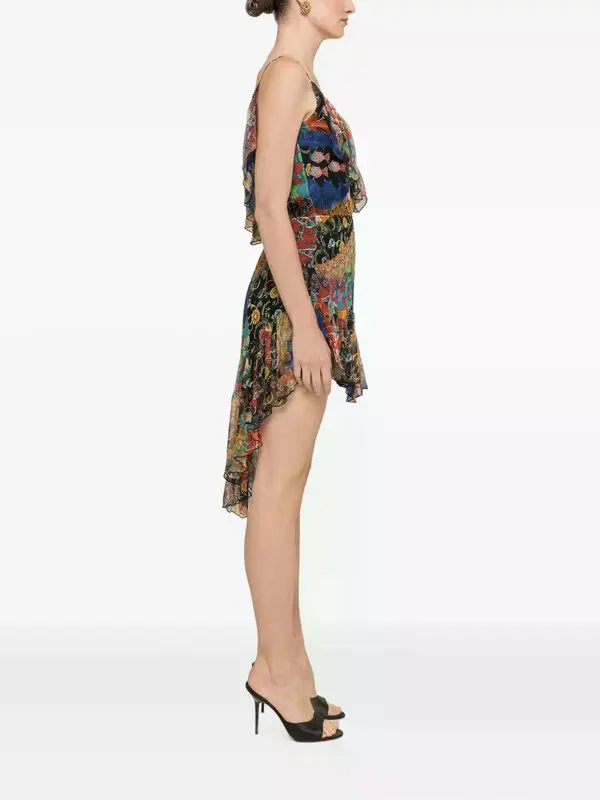 NISSA Printed Chiffon Asymmetric Mini Dress - Black