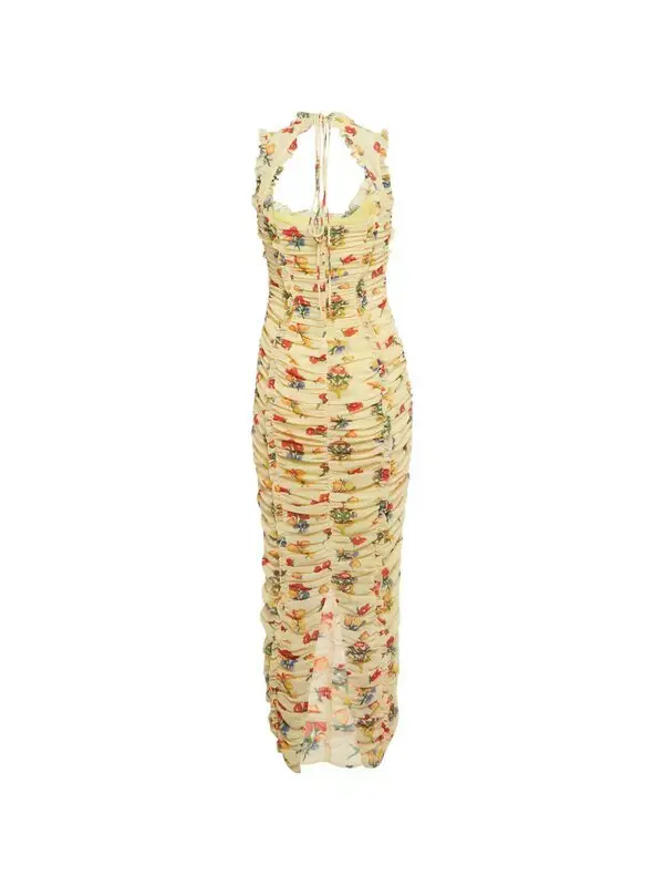 DE LA VALI Floral Print Ruched Maxi Dress