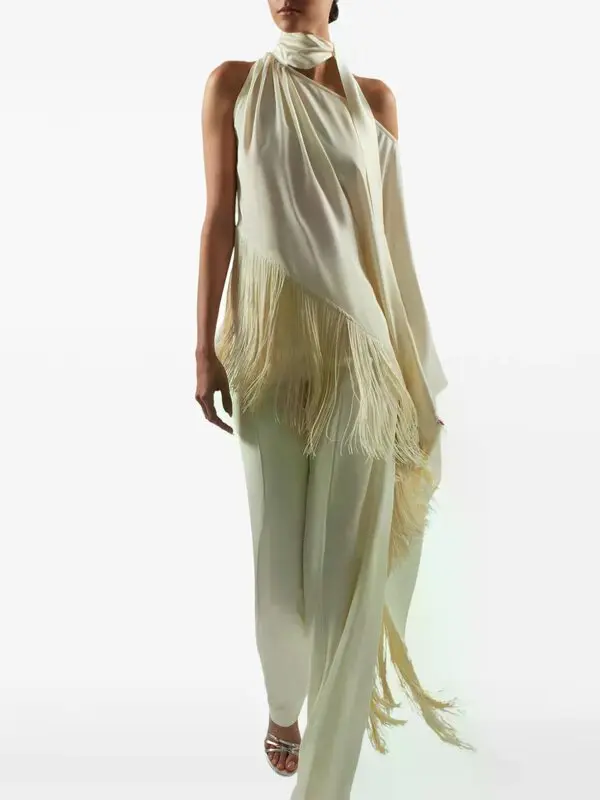 TALLER MARMO Atlas Fringed Halter Neck Blouse - White