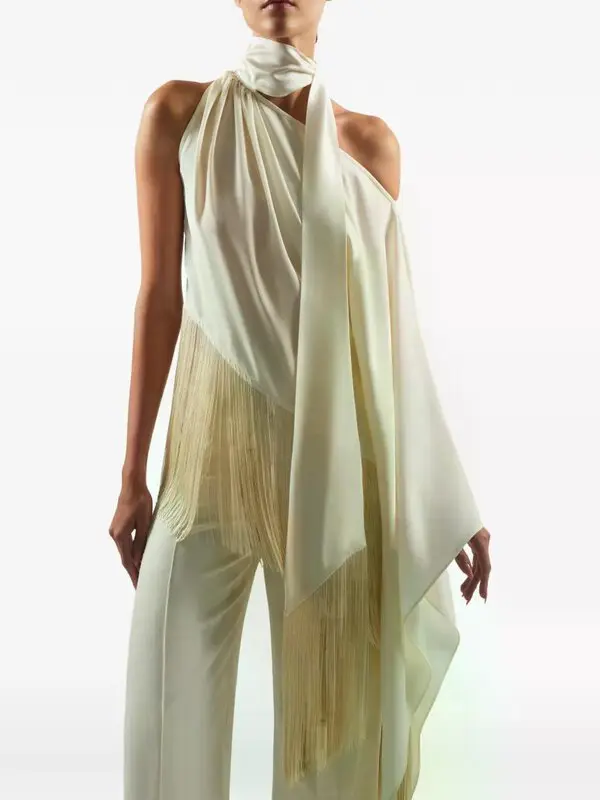 TALLER MARMO Atlas Fringed Halter Neck Blouse - White