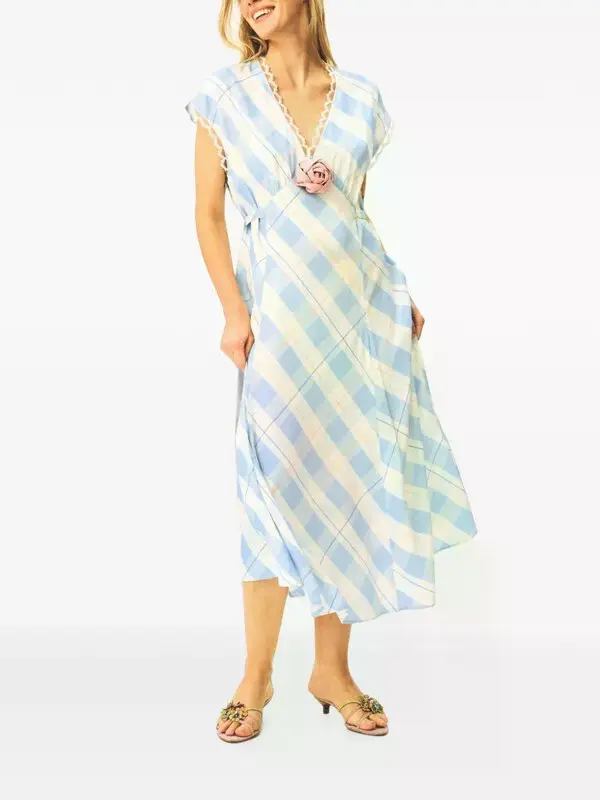 Sleeper Plaid Floral Appliqué Midi Dress