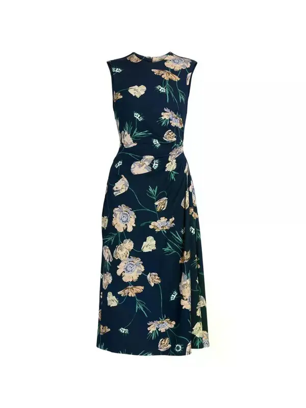 Erdem Navy Floral Print Ruched Midi Dress