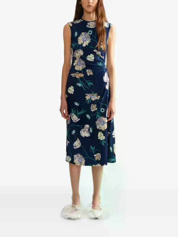 Erdem Navy Floral Print Ruched Midi Dress
