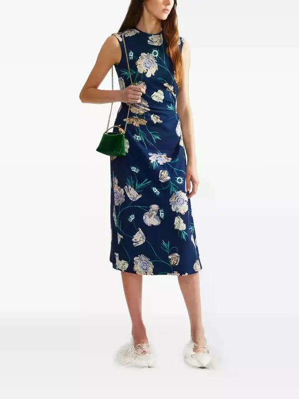 Erdem Navy Floral Print Ruched Midi Dress