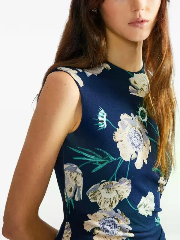 Erdem Navy Floral Print Ruched Midi Dress