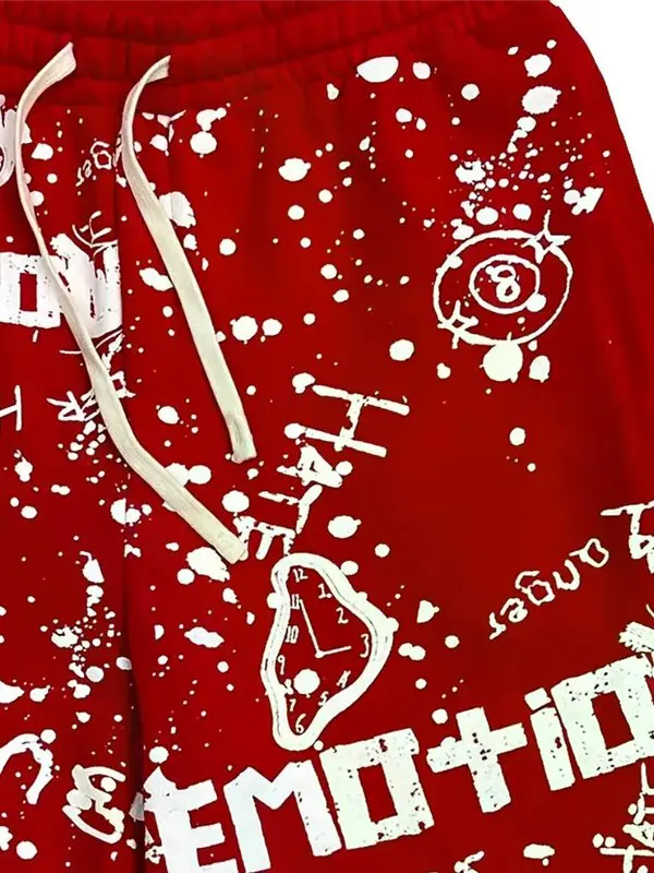 Mixed Emotion Graffiti Raw-cut Shorts - Red