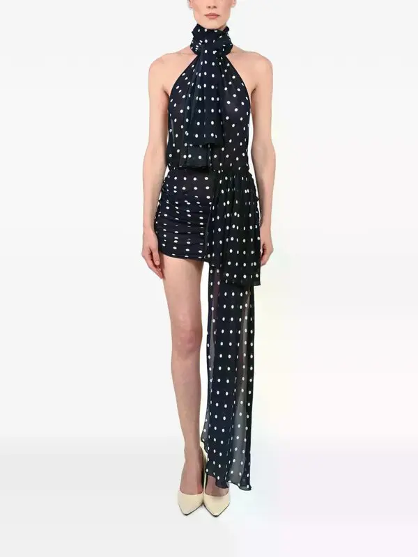 ROWEN ROSE Polka-dot Ruched Halterneck Dress