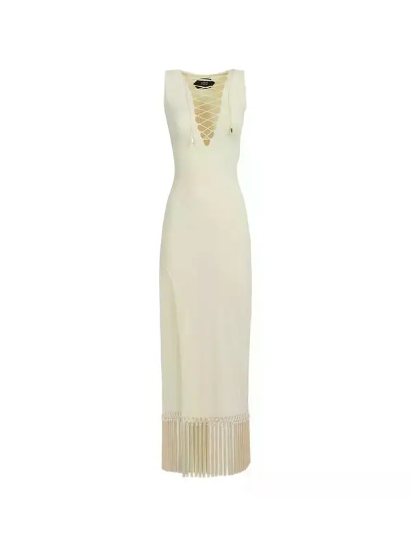 TALLER MARMO Sahara Lace-up Fringe Midi Dress - Neutrals