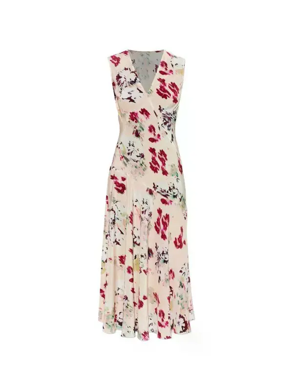 Ulla Johnson Pink Silk Floral Print V-neck Midi Dress - Neutrals