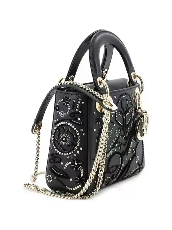 Dior Lady Chain Bag Embroidered Calfskin Mini Satchel - Black