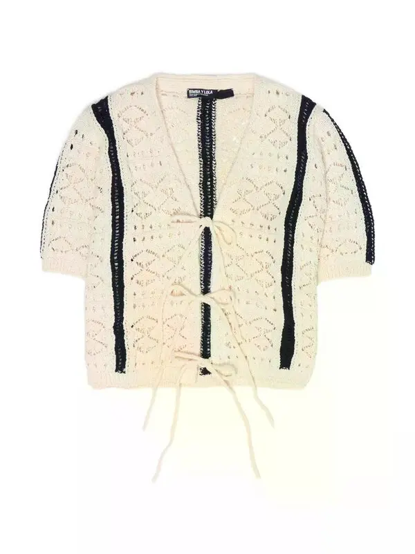 Bimba Y Lola Crochet-knit Striped Short-sleeved Cardigan - Neutrals