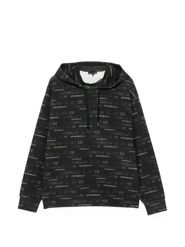Emporio Armani Logo Pattern Drawstring Hoodie - Black