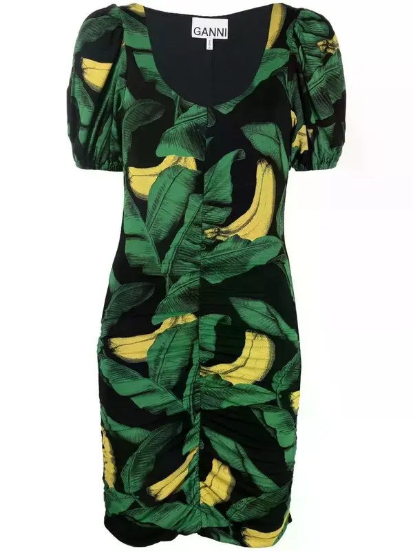 GANNI Banana Print Puff Sleeve Dress