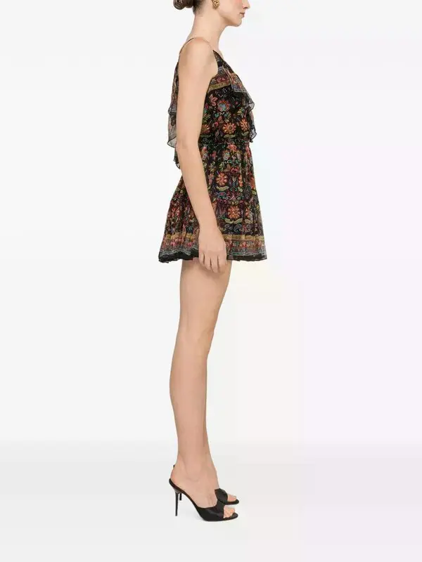 NISSA Floral Print Silk Mini Dress - Black