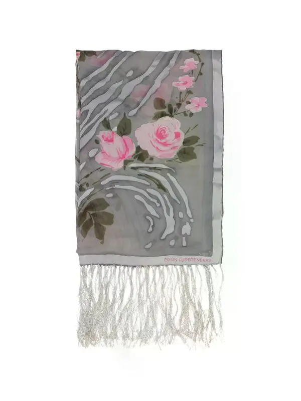 Vintage Floral-print Fringed Scarf - Grey