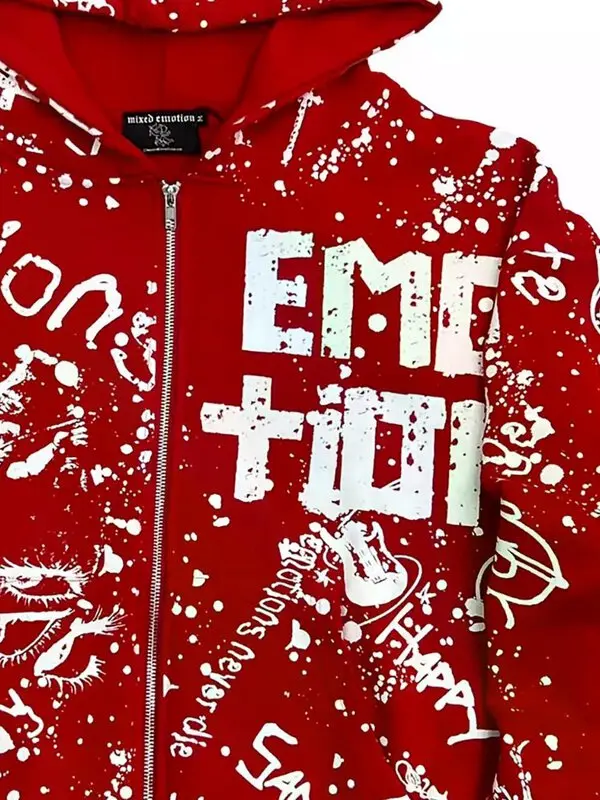 Mixed Emotion Graffiti Print Zip-up Hoodie - Red