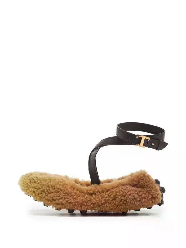 TOD'S Shearling Ankle-strap Ballet Flats - Neutrals