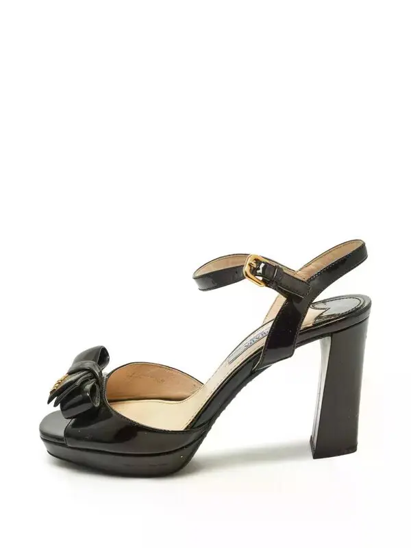 Prada Patent Leather Bow Detail High Block Heel Sandals