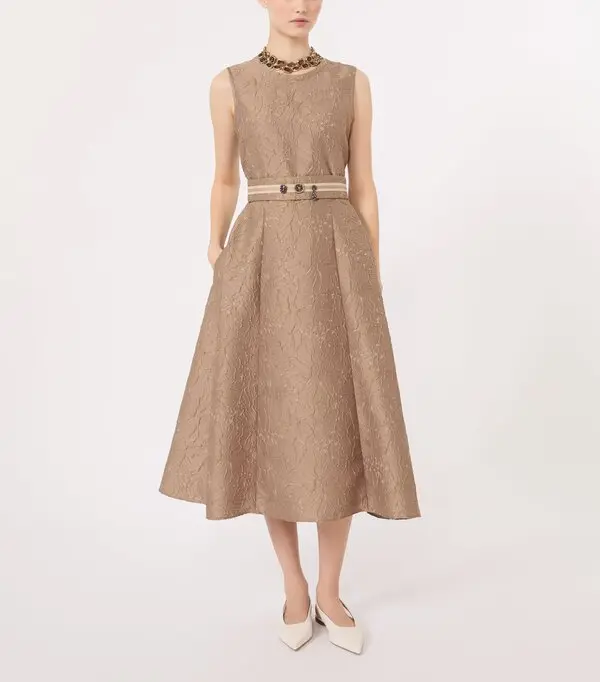 Max Mara Floral Jacquard Belted Midi Dress - Gold