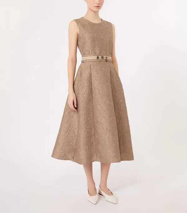Max Mara Floral Jacquard Belted Midi Dress - Gold
