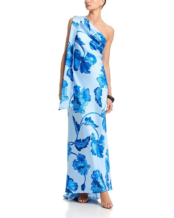 Aqua Long Satin One Shoulder Gown Exclusive